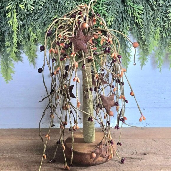 Accents | Primitive Red Orange Pip Berry Rusty Star Weeping Willow Tree ...